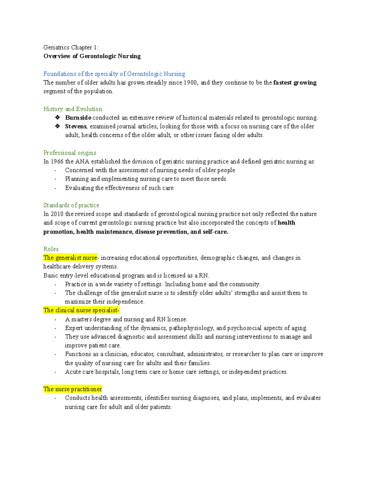 Geriatrics Exam 1 Notes - Nursing (Chapter 1 & 2 Overview) - Studocu