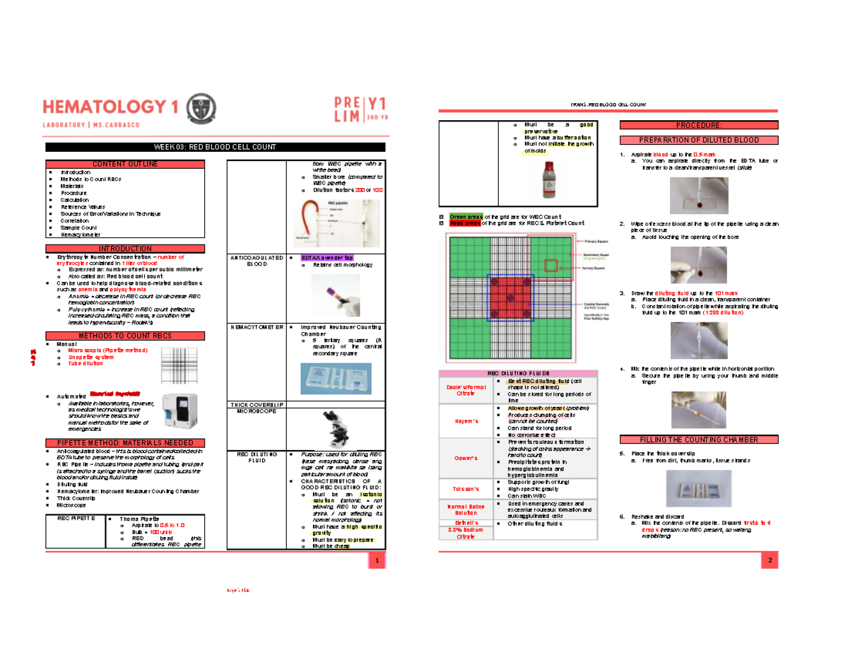 Hematology 3: Red Blood Cell Count Techniques and Procedures - Studocu