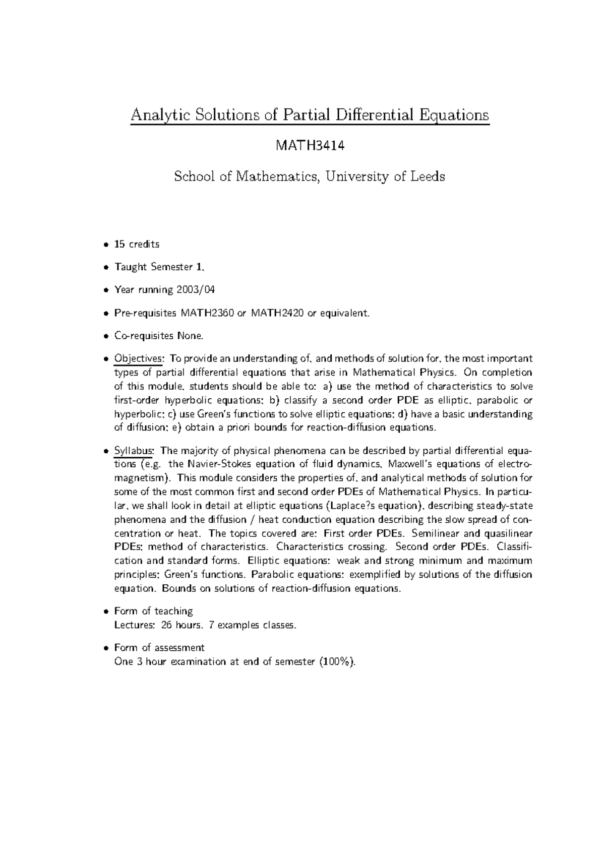 Analytic Solutions for PDEs in MATH - University of Leeds - Studocu