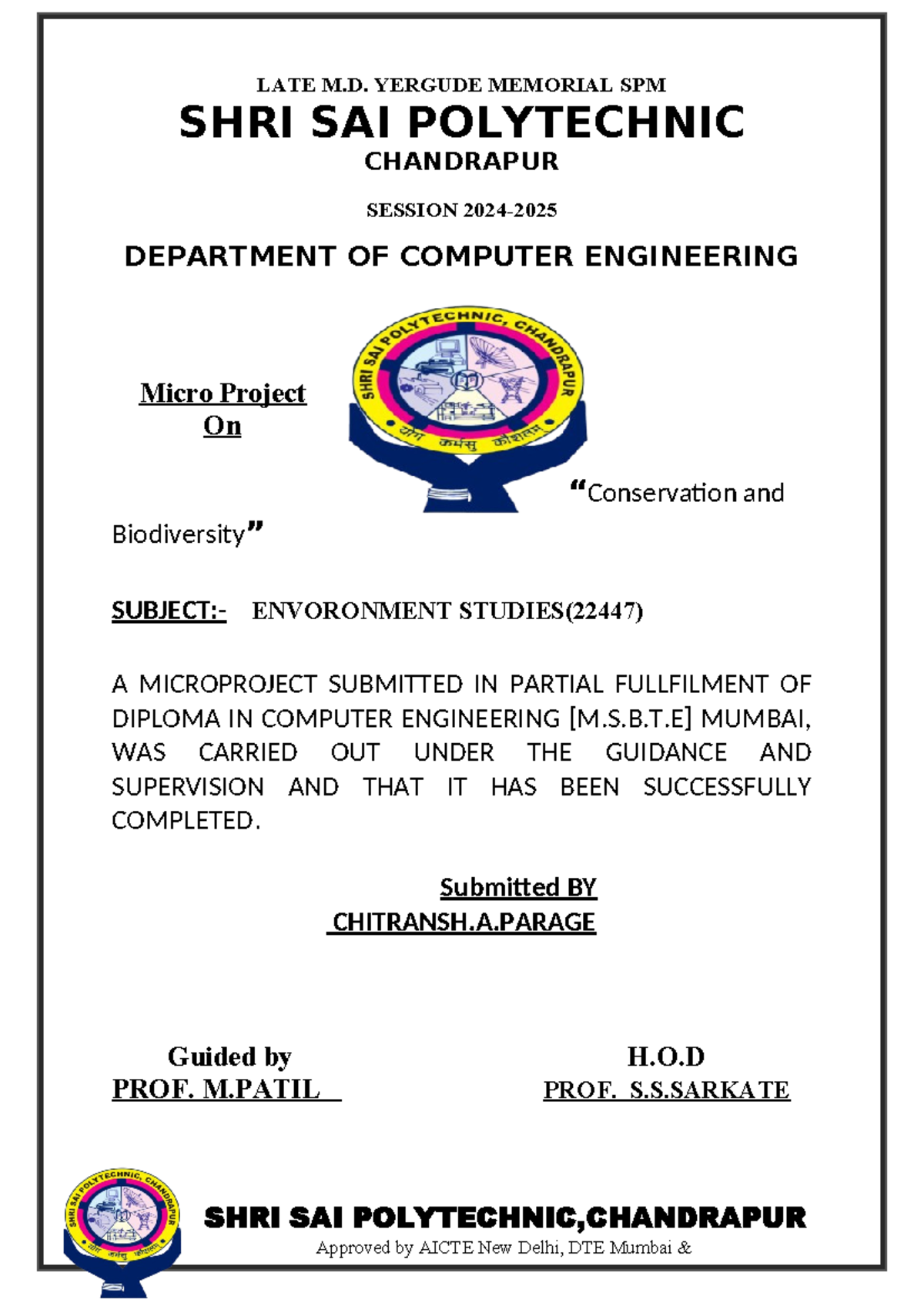 Micro Project on Conservation and Biodiversity - Environment Studies ...