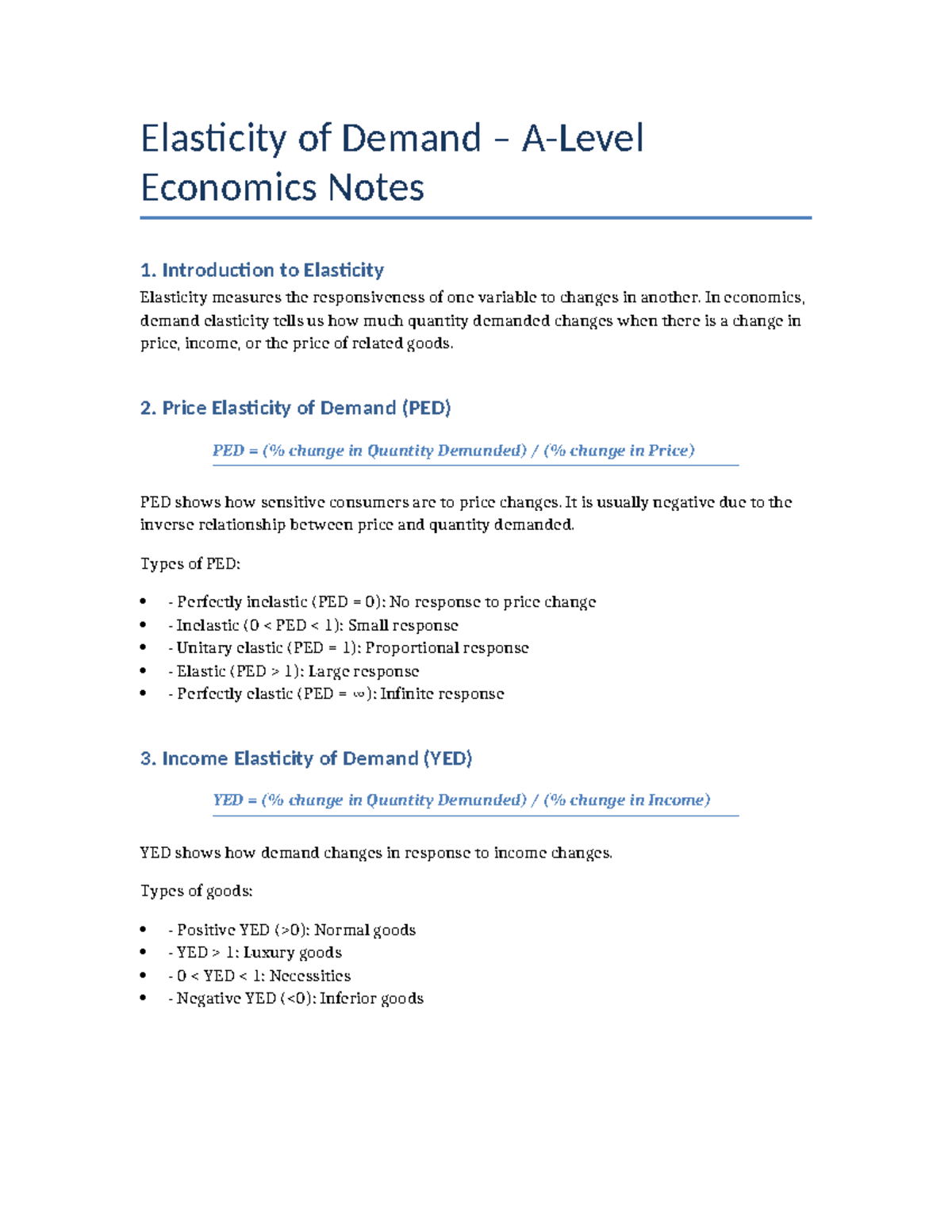 A Level Economics: Elasticity of Demand Notes - Studocu
