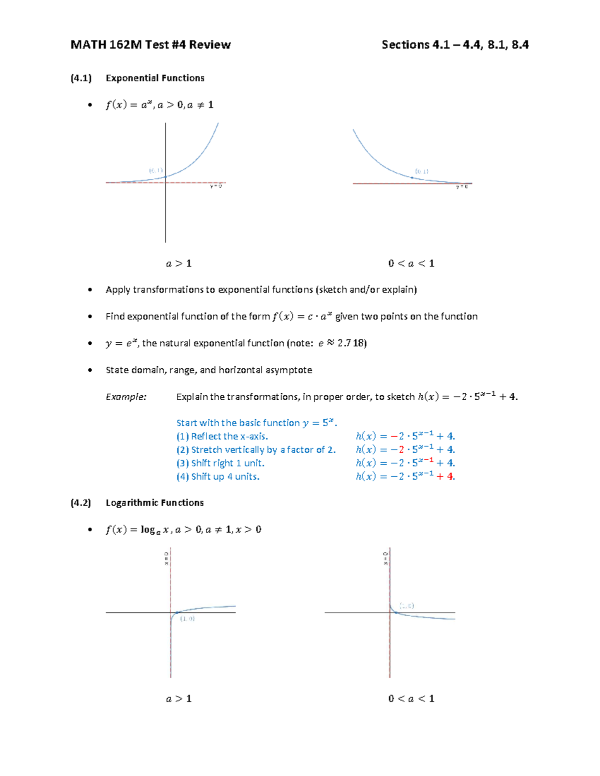 MATH 162M Test Review: Exponential & Logarithmic Functions - Studocu