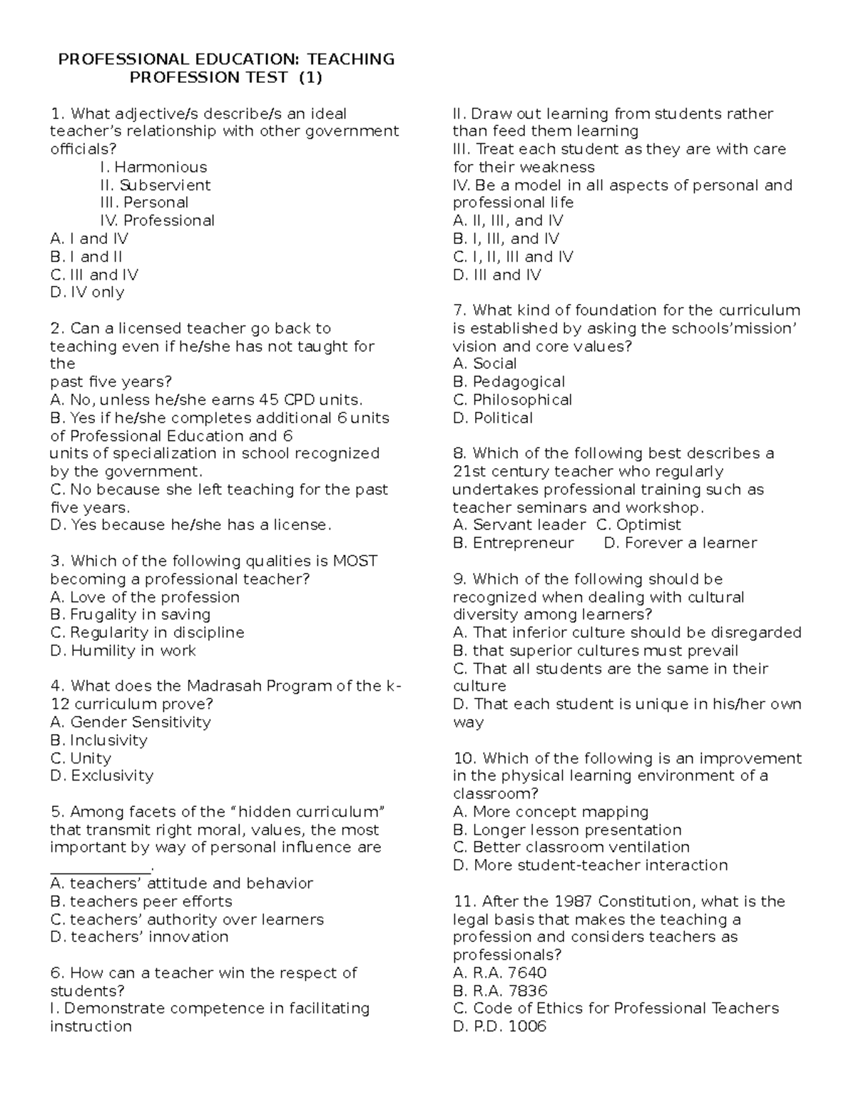 Teaching Profession: Quiz on Professional Education (PE-101) - Studocu