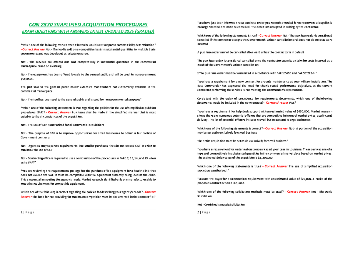 CON 2370 SIMPLIFIED ACQUISITION PROCEDURES EXAM QUESTIONS & ANSWERS ...