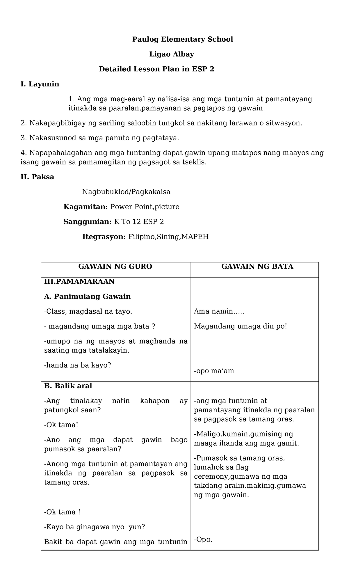 Detailed Lesson Plan in ESP 2 for Early Childhood Education - Studocu