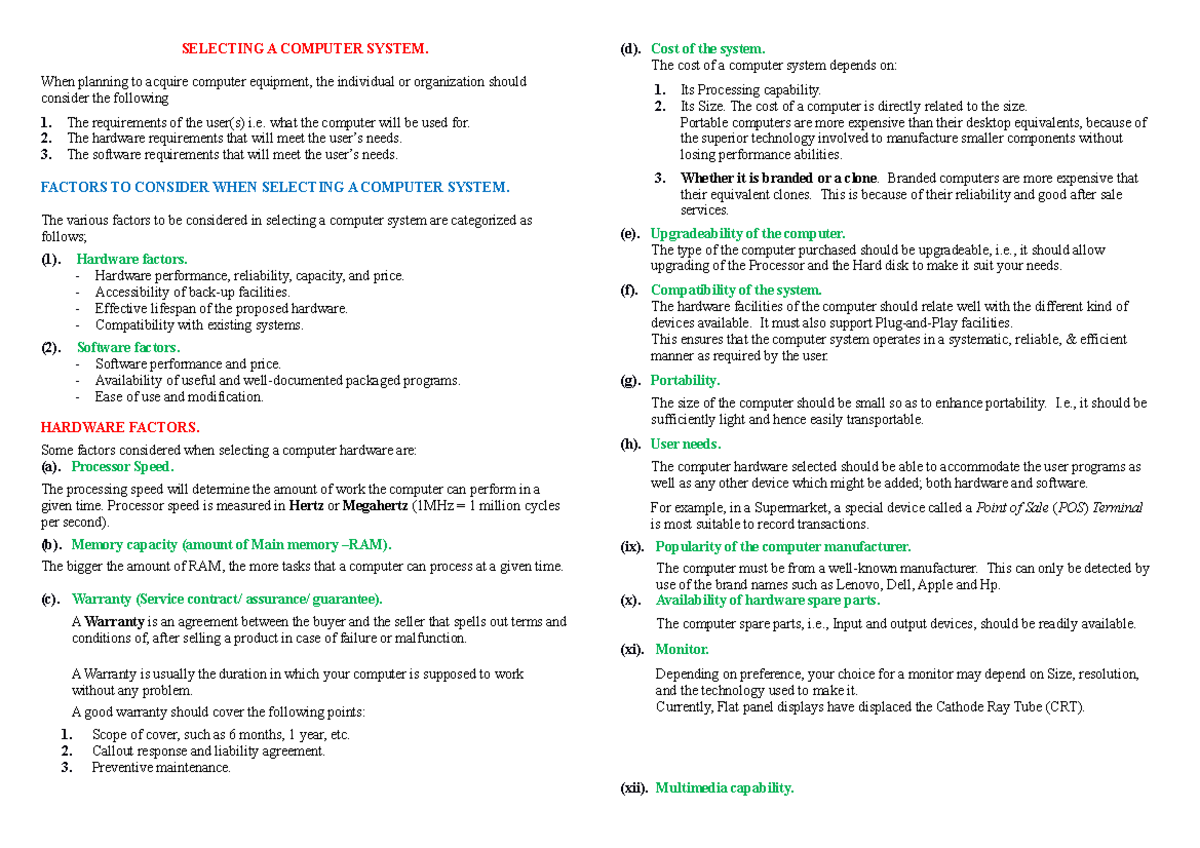 Criteria FOR Selecting Computer System - SELECTING A COMPUTER SYSTEM ...