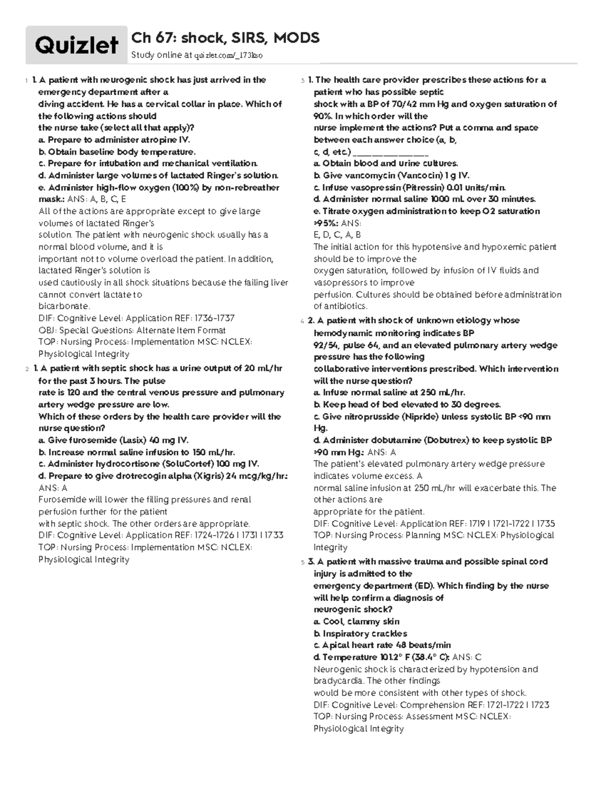 Ch 67 - Managing Shock: NCLEX Questions and Answers - Studocu