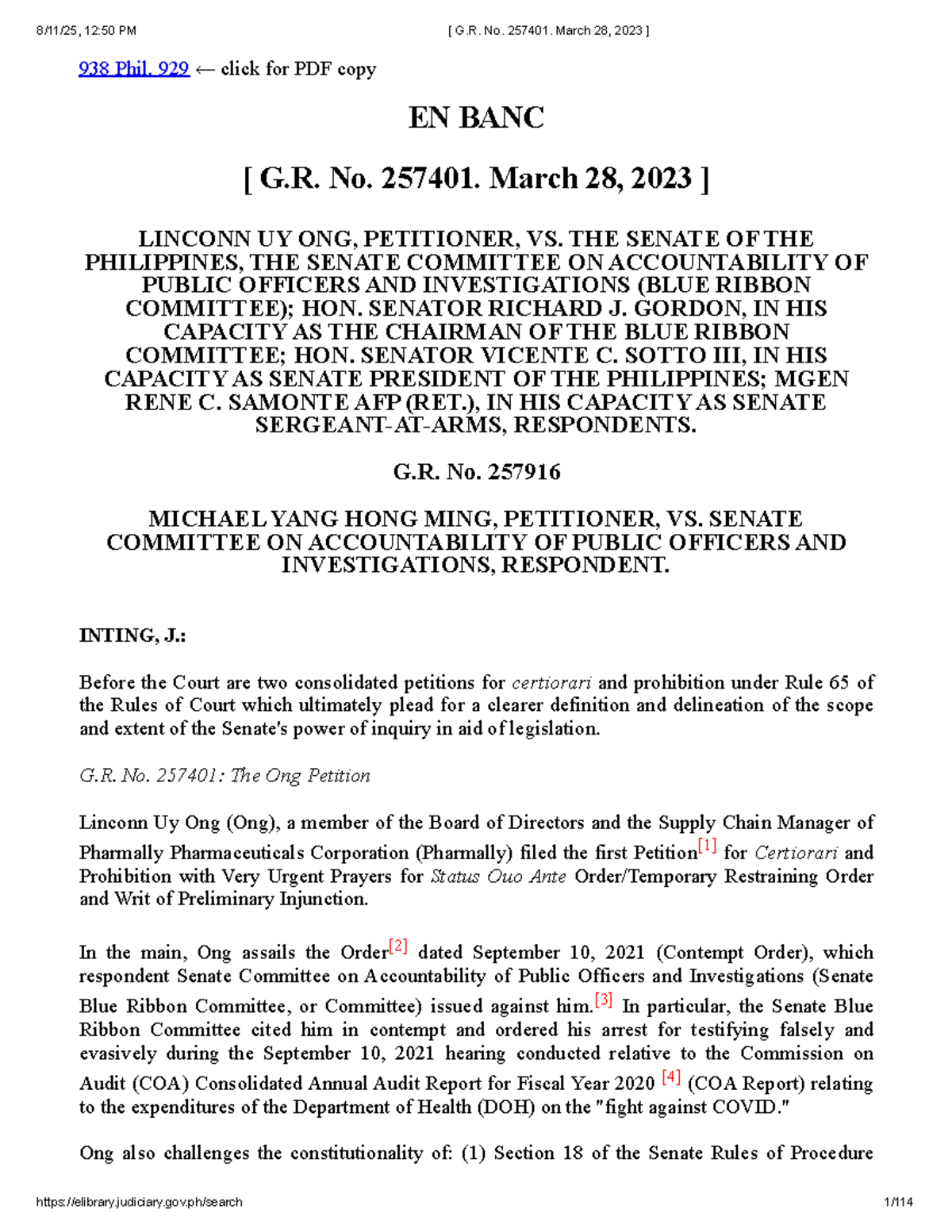 Ong vs. Senate: G.R. No. 257401 Case Analysis - March 28, 2023 - Studocu