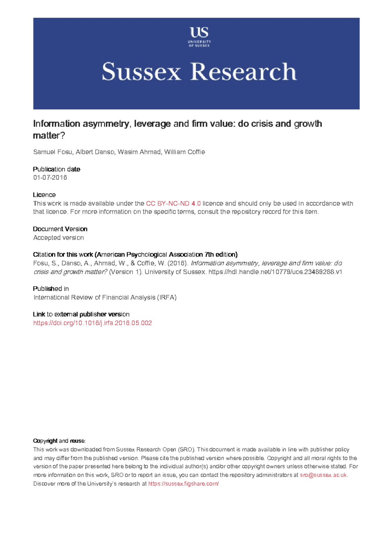 Information Asymmetry, Leverage and Firm Value - Do Crisis and Growth ...