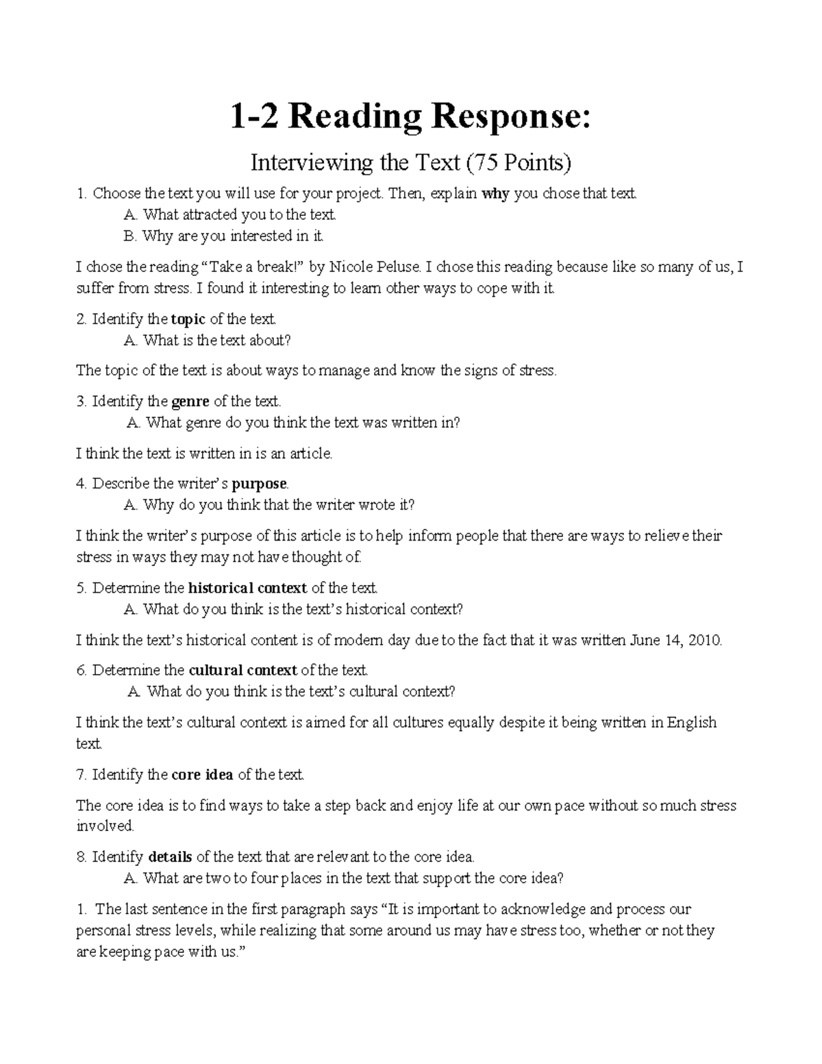 ENG 130 Response to "Take a Break!" by Nicole Peluse - Studocu