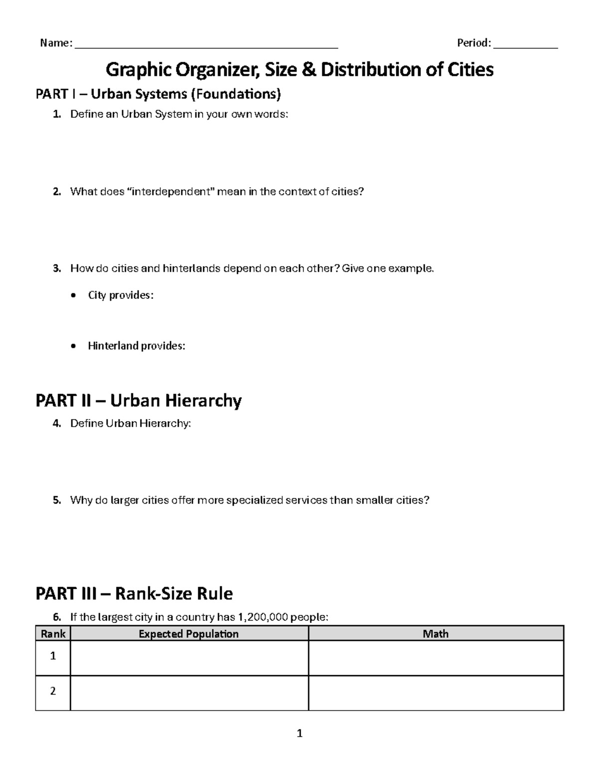 Urban Systems & City Distribution: Graphic Organizer (Foundations ...