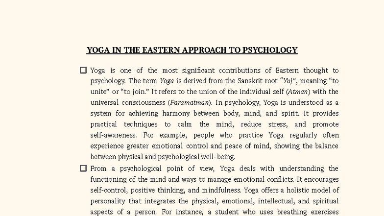 YOGA 101: Eastern Psychology Approaches & Techniques - Studocu