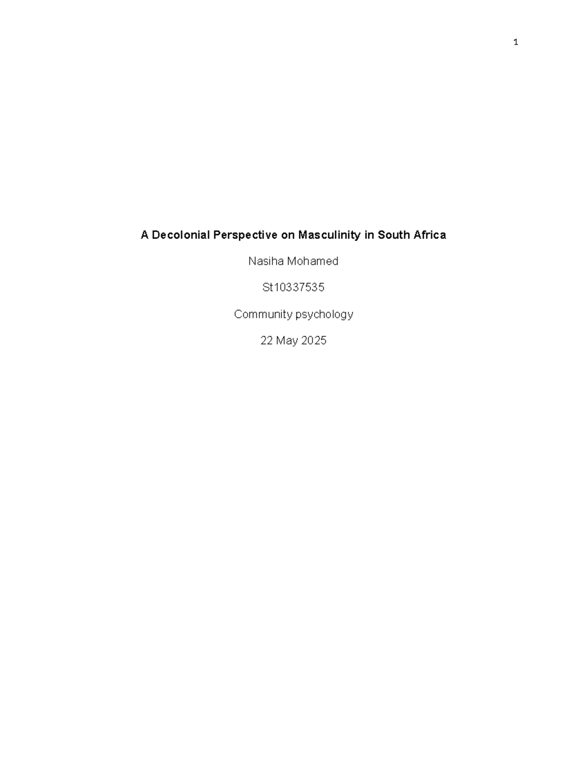 ST10337535: A Decolonial Analysis of Masculinity in South Africa - Studocu