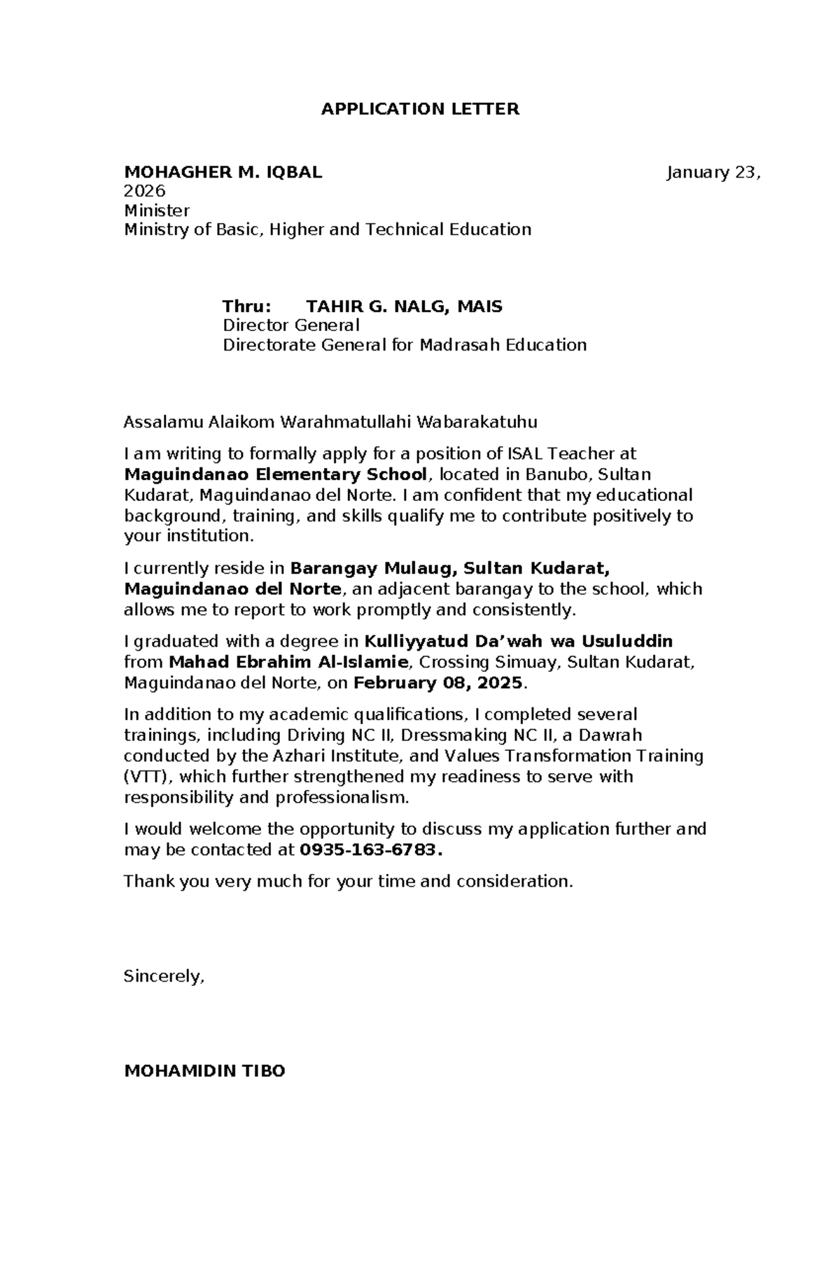 Application Letter for ISAL Teacher Position - Sample - Studocu