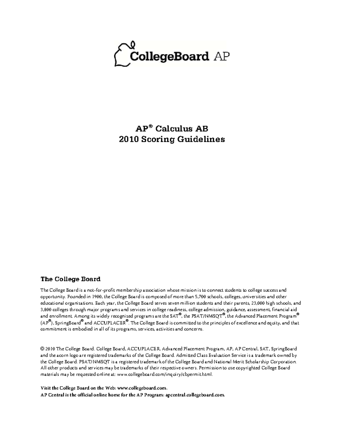 2010 AP Calculus AB Scoring Guidelines and Solutions - Studocu