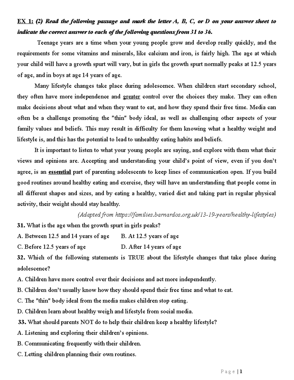 Reading Comprehension Practice: Adolescence & Nutrition (EX 1) - Studocu