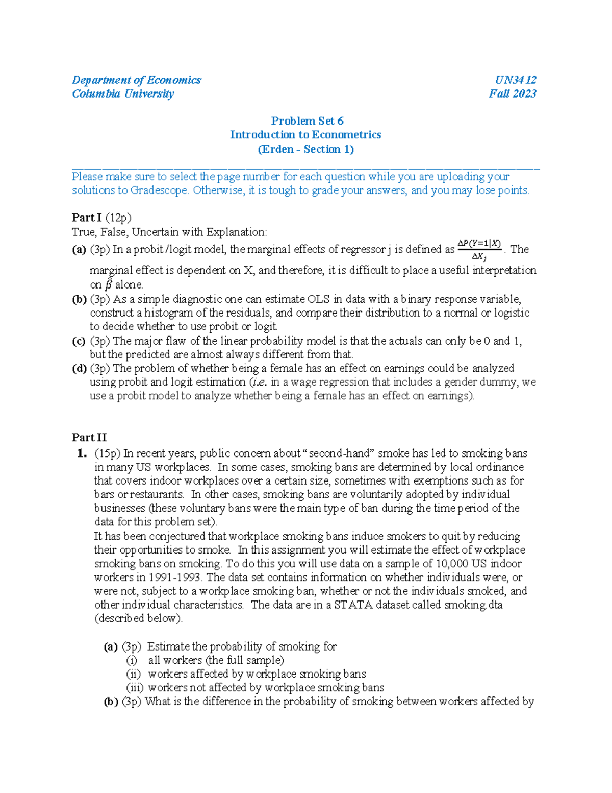 UN3412 Fall 2023 Problem Set 6: Introduction to Econometrics - Studocu