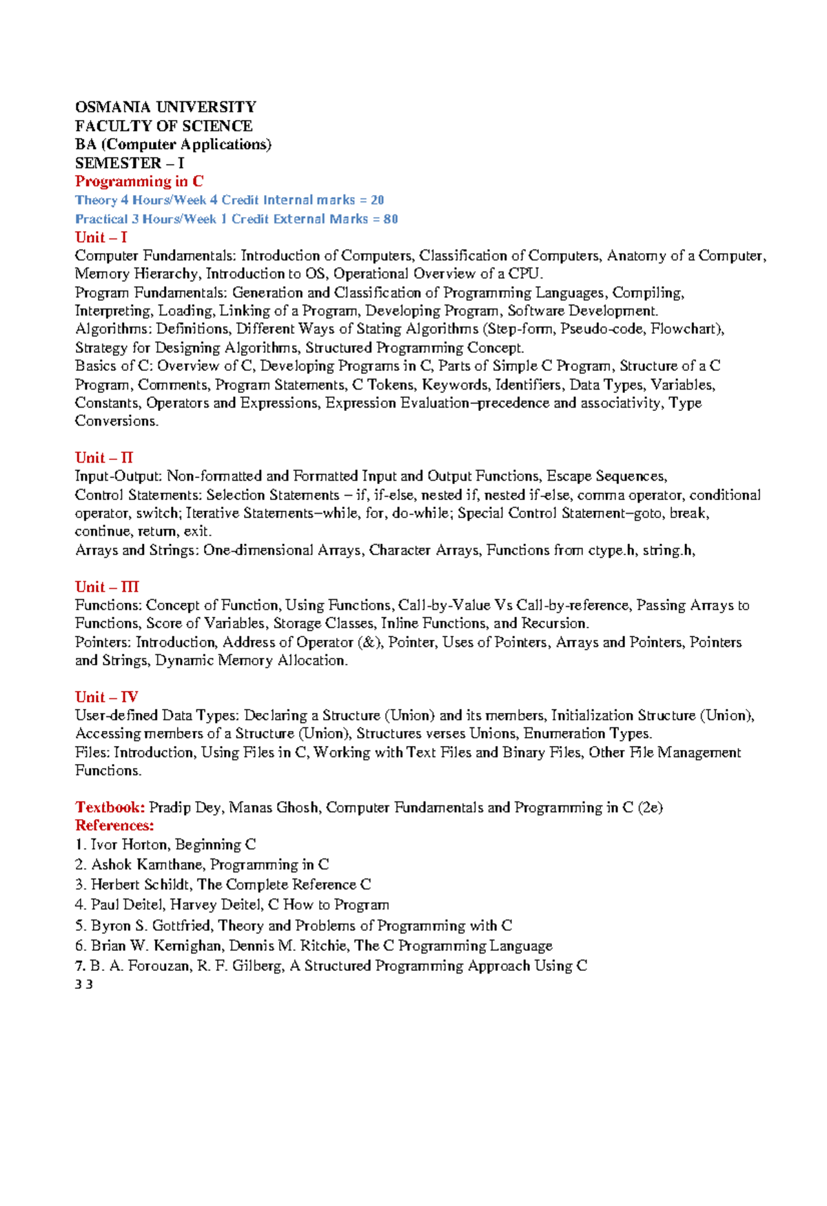 Programming in C-syllabus-unit1 to unit4 - OSMANIA UNIVERSITY FACULTY OF SCIENCE BA (Computer ...