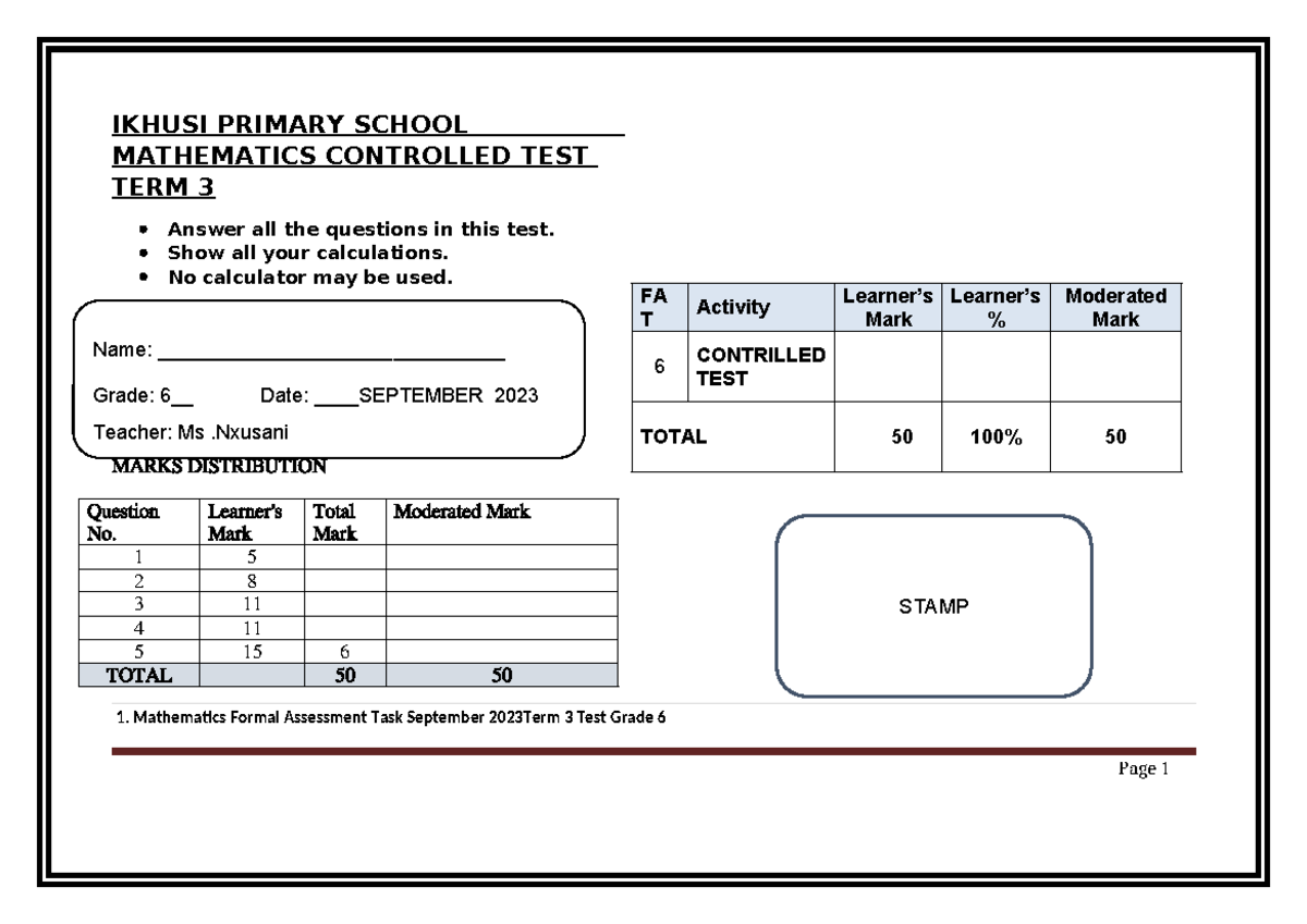 IKHUSI PRIMARY SCHOOL GRADE 6 MATH CONTROLLED TEST TERM 3 - Studocu