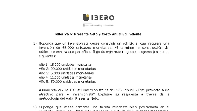 Trabajo 6 - Matemáticas Básicas: Valor Presente Neto y Costo Anual ...