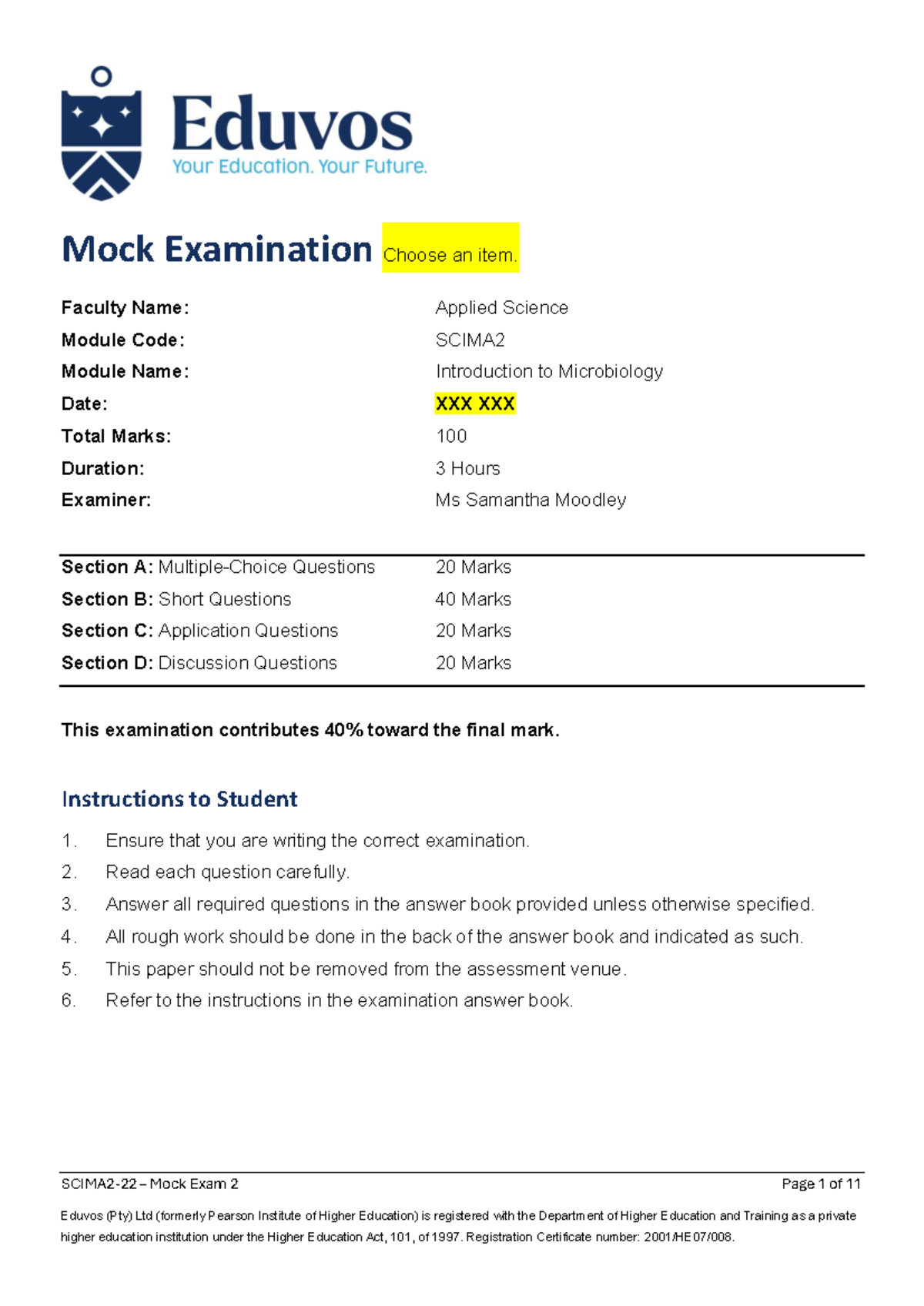 SCIMA2 Mock Examination - Introduction to Microbiology - Studocu