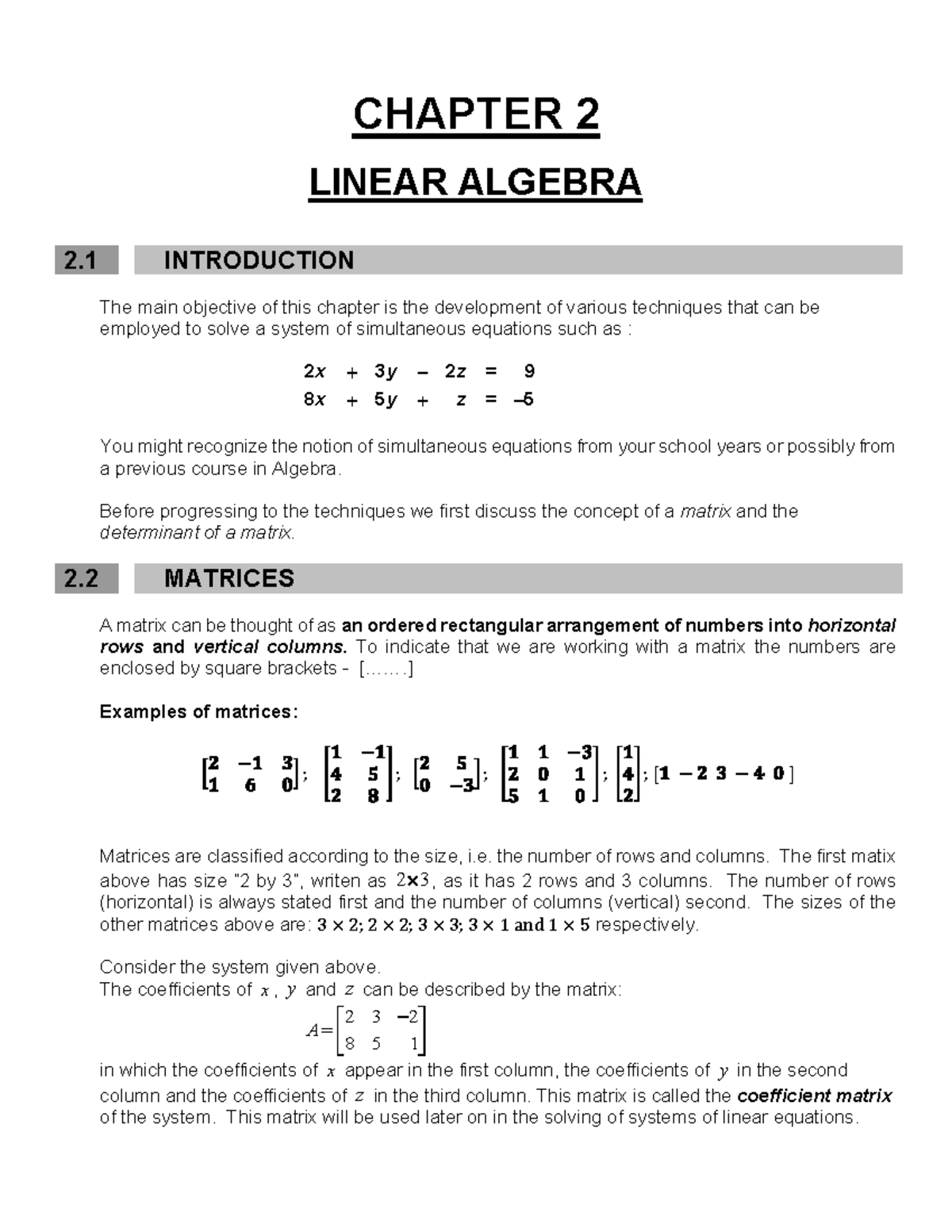 Chapter 2: Matrices - MATV101 Lecture Notes on Linear Algebra - Studocu