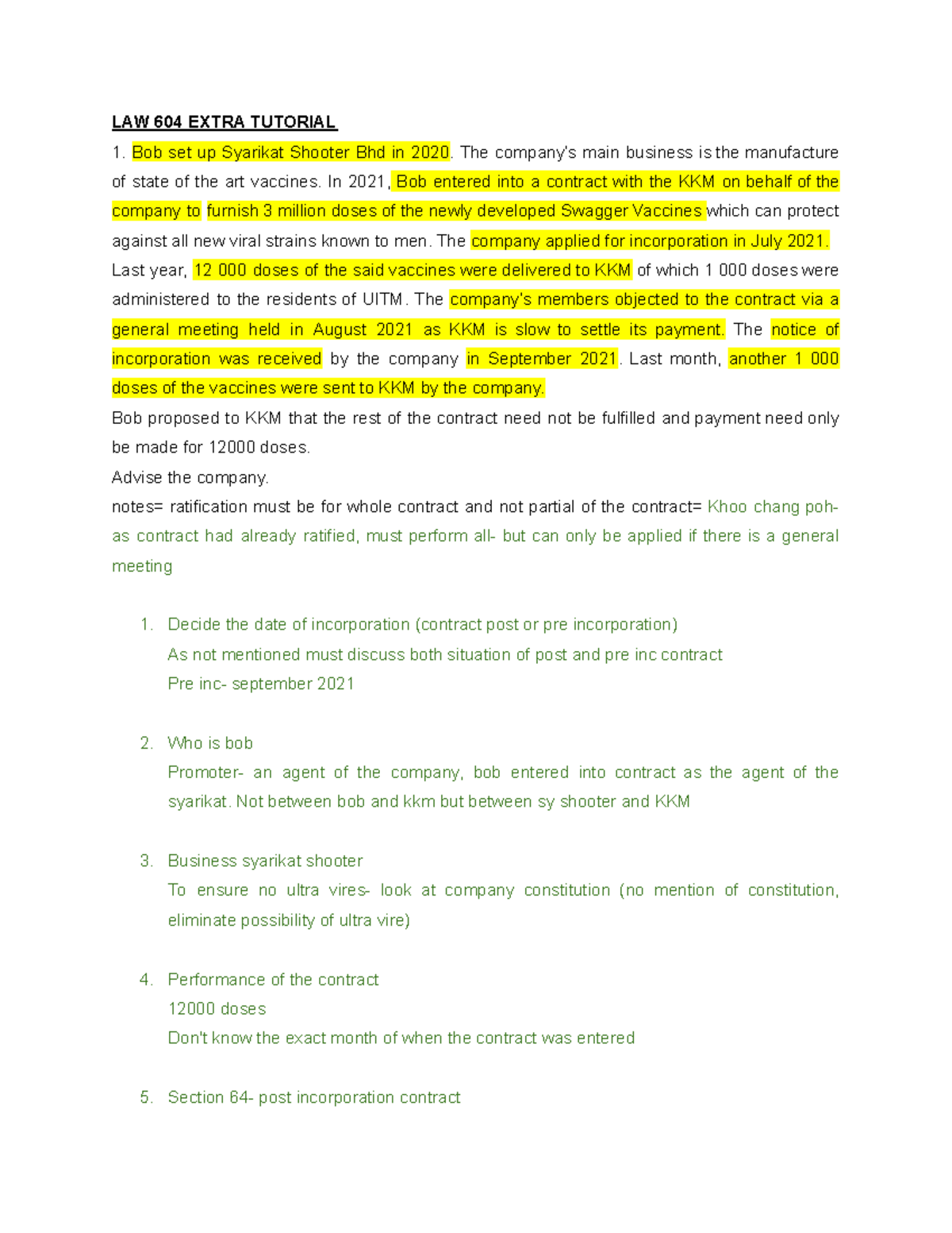 LAW 604 Extra Tutorial - section 64 and 65- post incorporation and pre ...