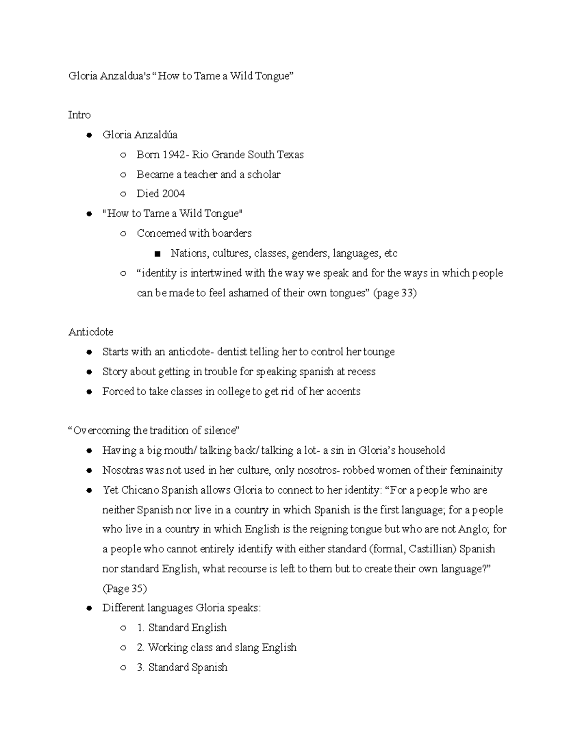 Notes on Gloria Anzaldúa's "How to Tame a Wild Tongue" Analysis - Studocu