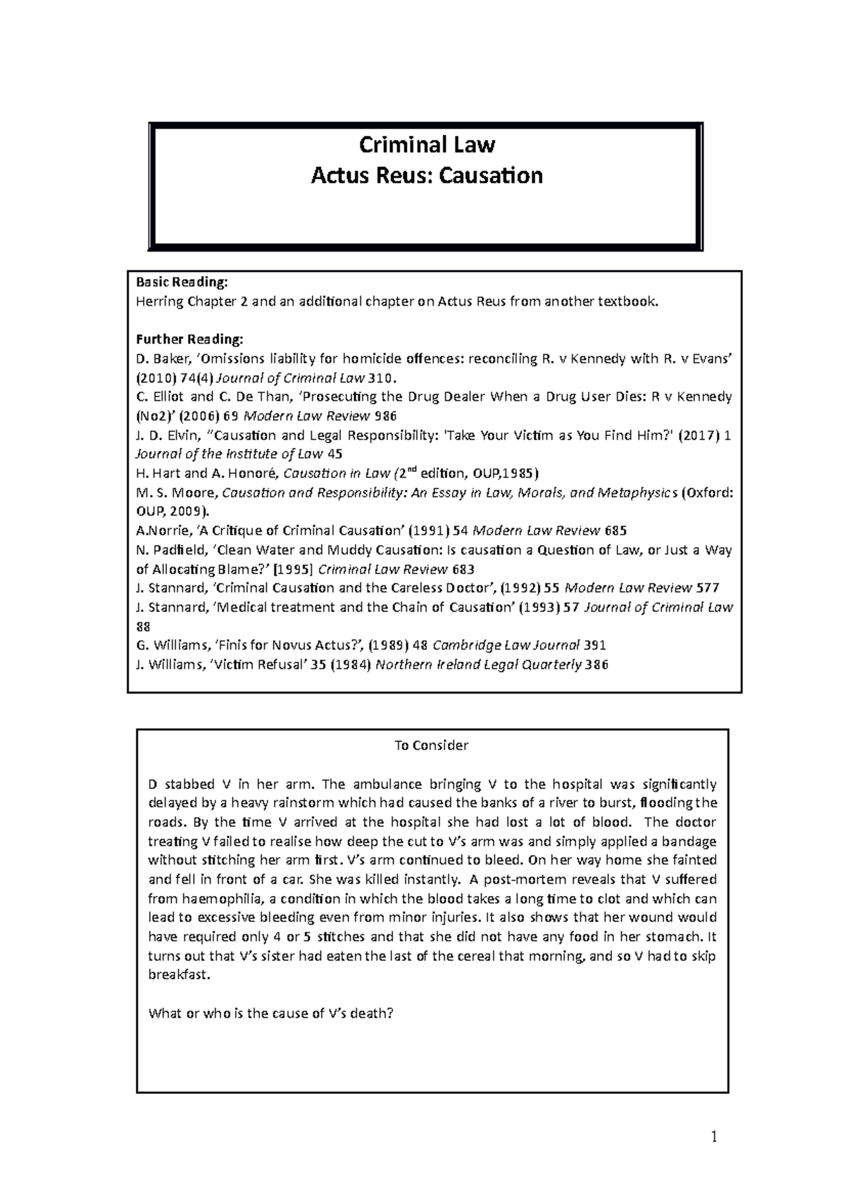 Actus Reus Causation Criminal Law Actus Reus Causation Basic Reading Herring Chapter 2 And