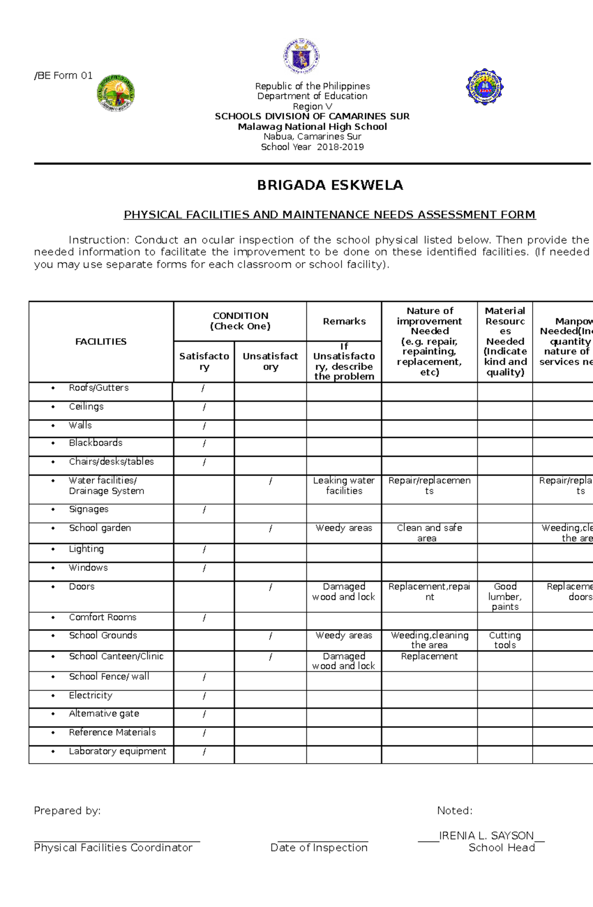 BE-Form-01: Physical Facilities & Maintenance Needs Assessment Form ...
