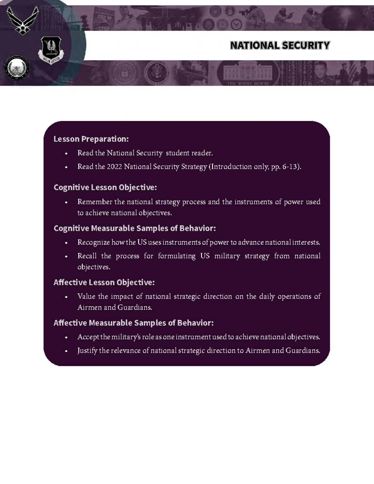 NATIONAL SECURITY Lesson Prep: Understanding Instruments of Power - Studocu