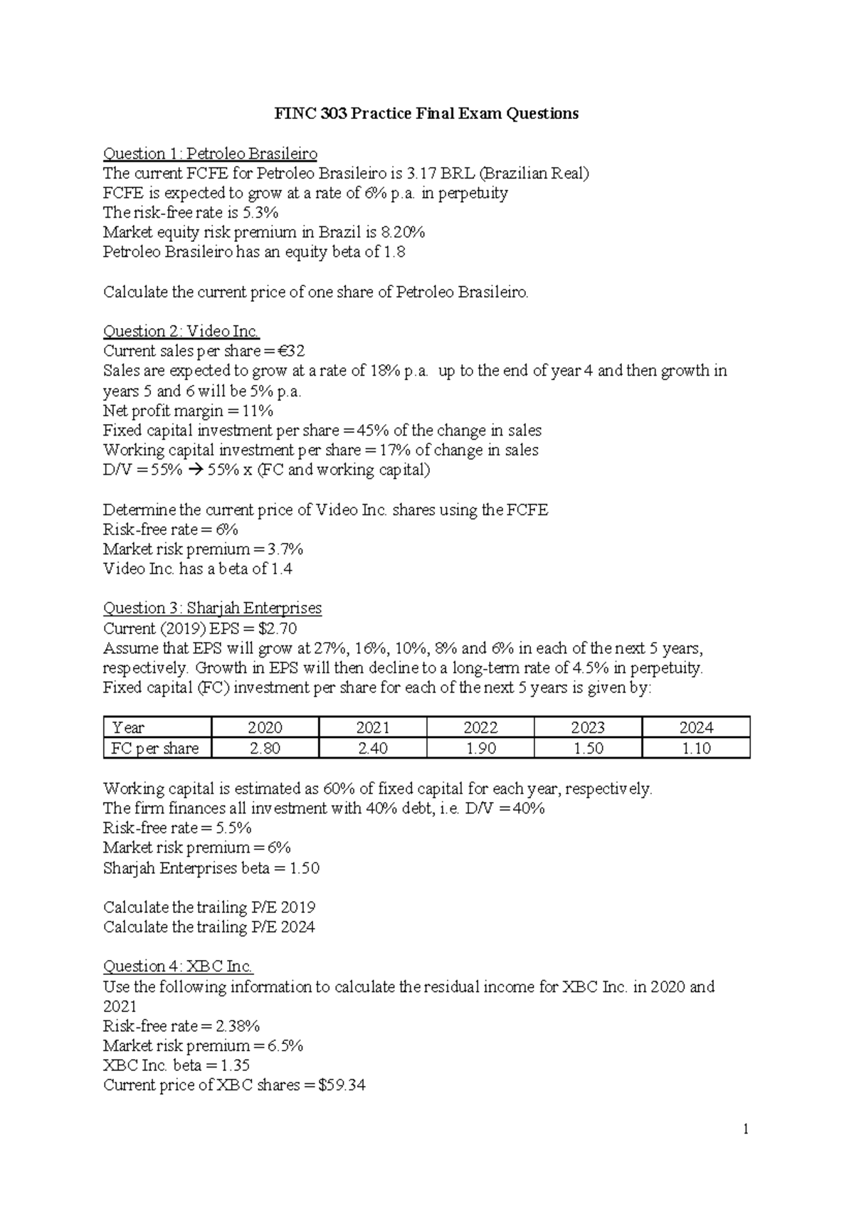 FINC 303 Practice Final Exam Questions and Solutions - Studocu