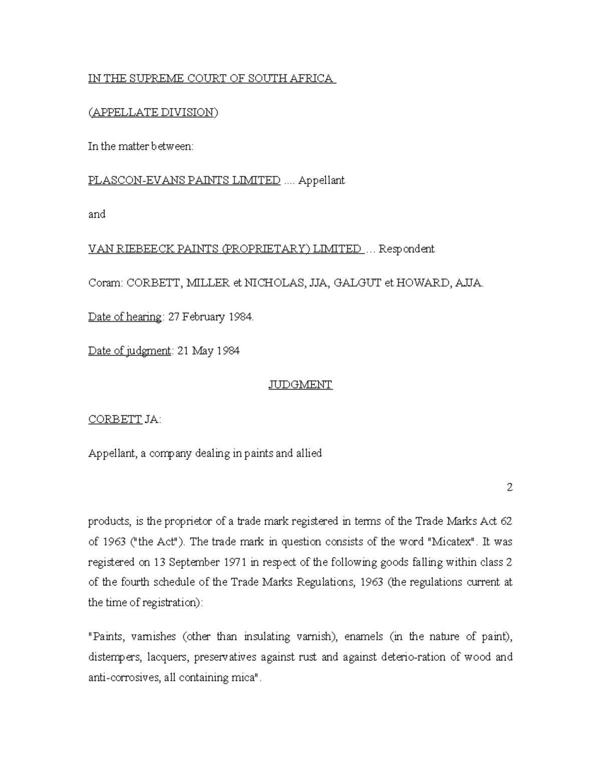 Plascon-Evans Paints LTD v Van Riebeeck Paints (PTY) LTD: Case Study ...