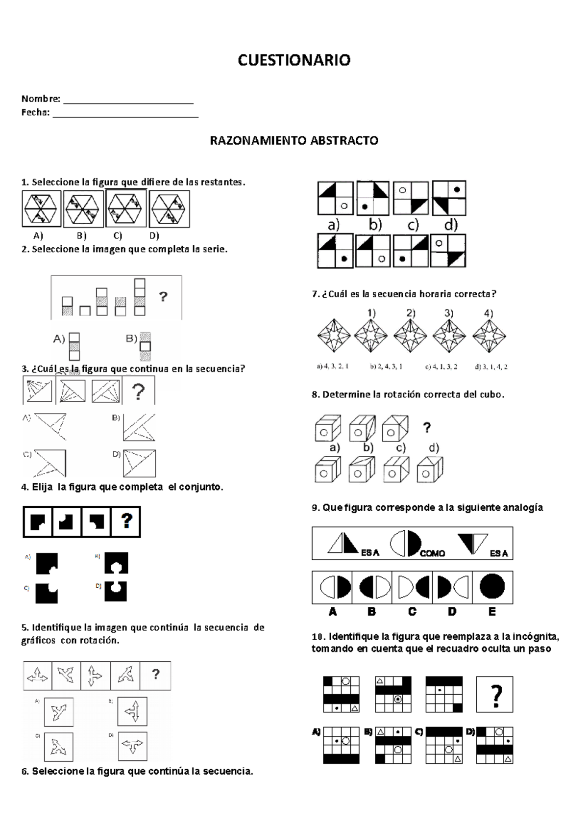 Cuestionario de Razonamiento Abstracto - Ejercicios y Respuestas - Studocu