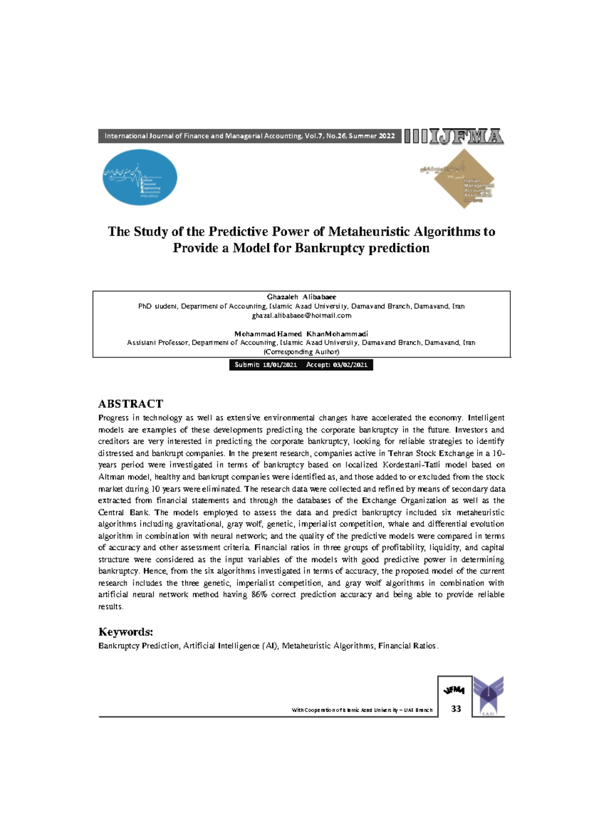 The Study of Metaheuristic Algorithms for Bankruptcy Prediction (FIN ...