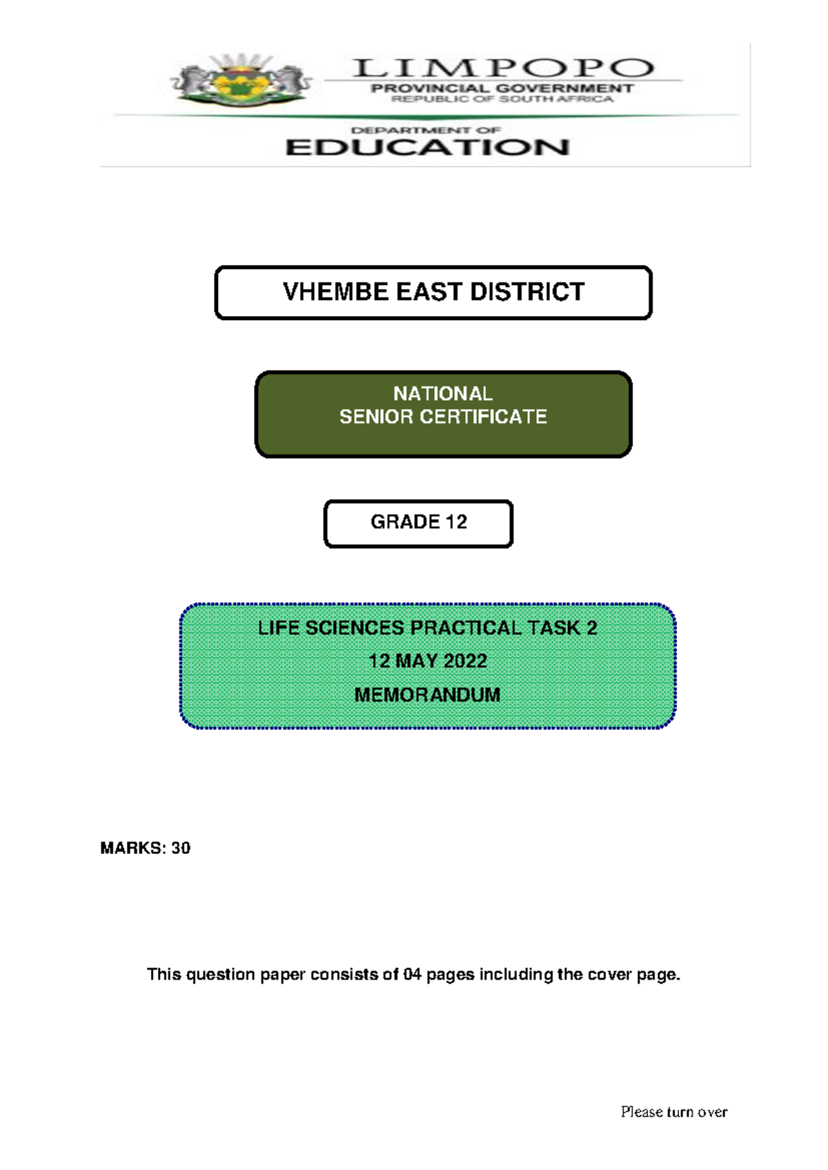 Revised LFSC Pract. Task 2 Grade 12 NSC Memo - 12 May 2022 - Studocu