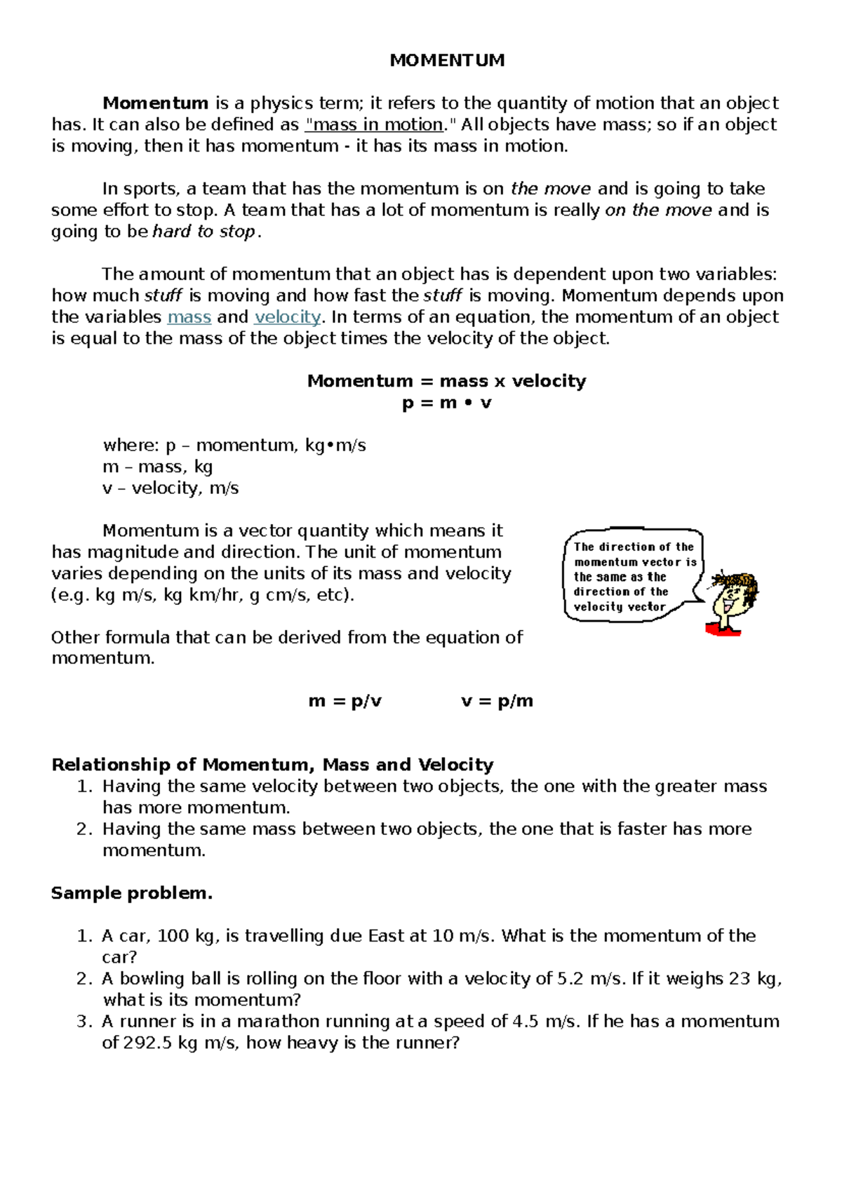 Physics 101: Momentum - Worksheet and Lecture Notes - Studocu