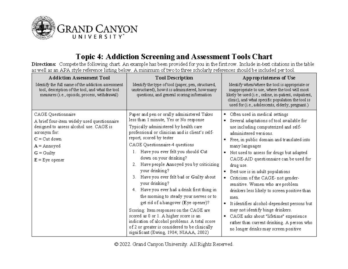 Addiction Screening & Assessment Tools Chart (Obj. 4.1) Overview - Studocu