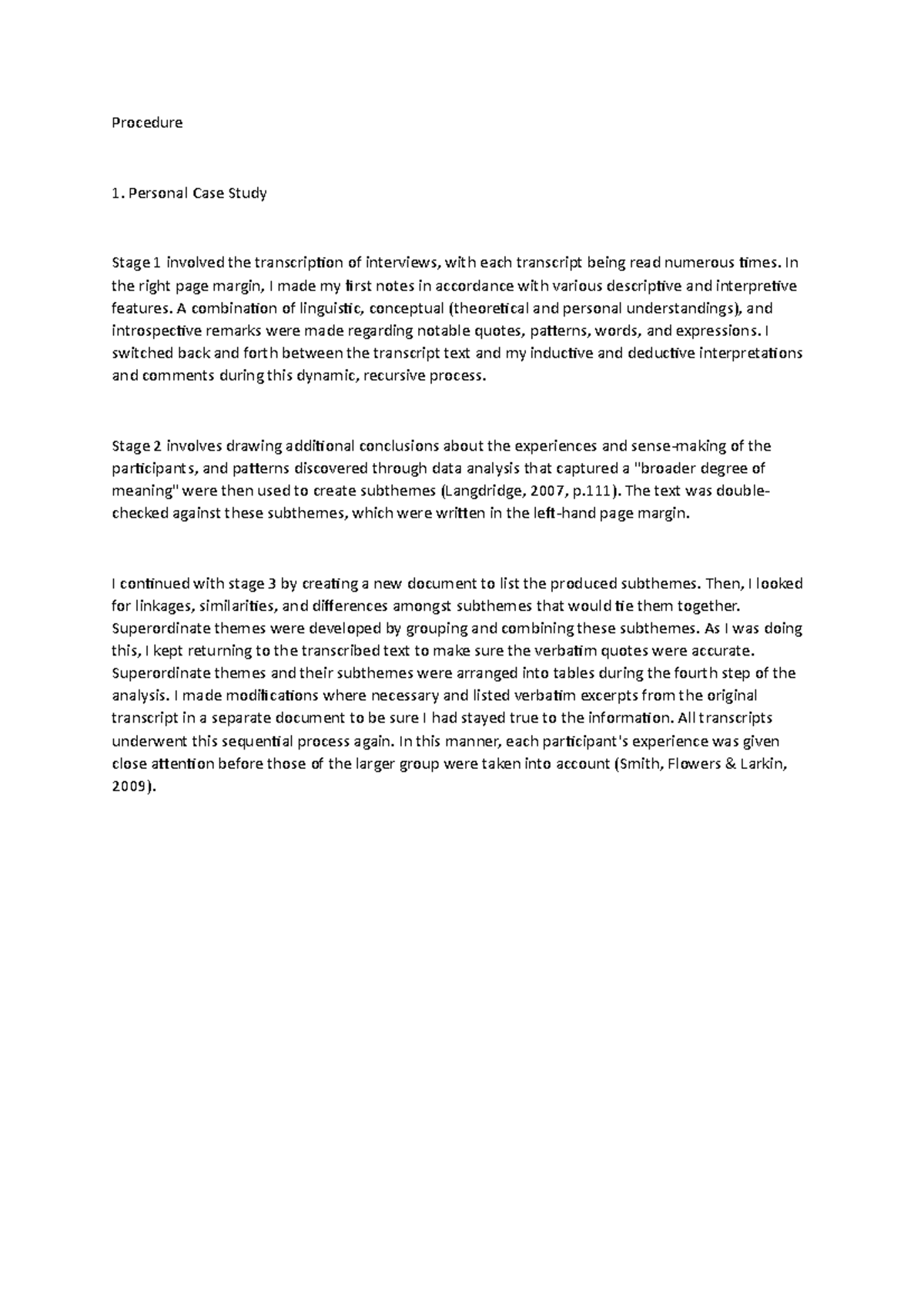 IPA Procedure - COUNSELLING AND PSYCHOTHERAPY - Procedure Personal Case Study Stage 1 involved ...