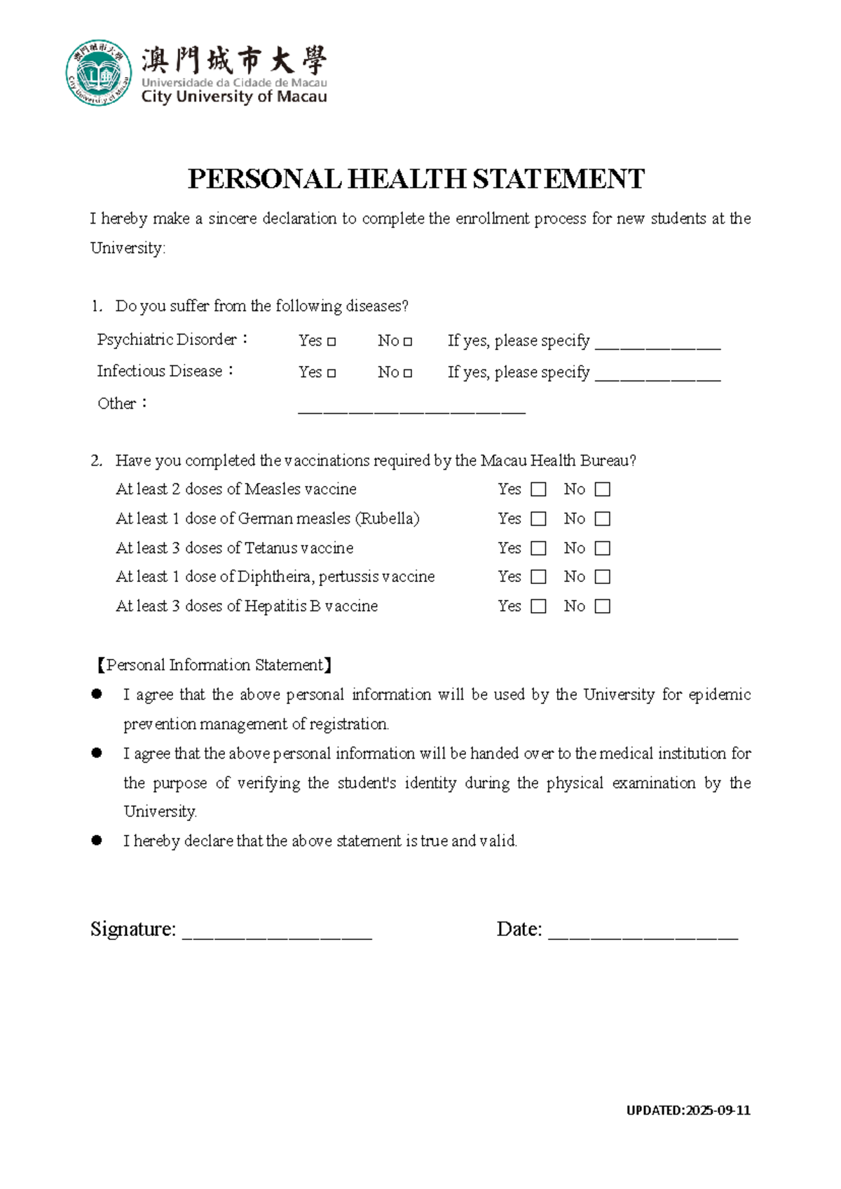 Personal Health Statement for Enrollment Process - Studocu