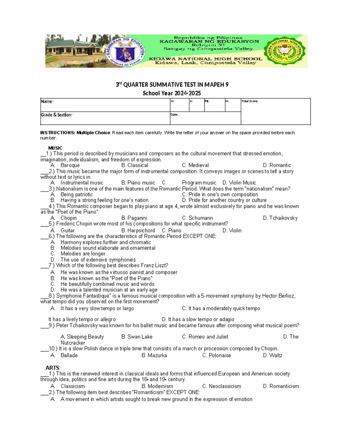 3rd Quarter Summative Test in MAPEH 9: Music, Arts, and PE - Studocu