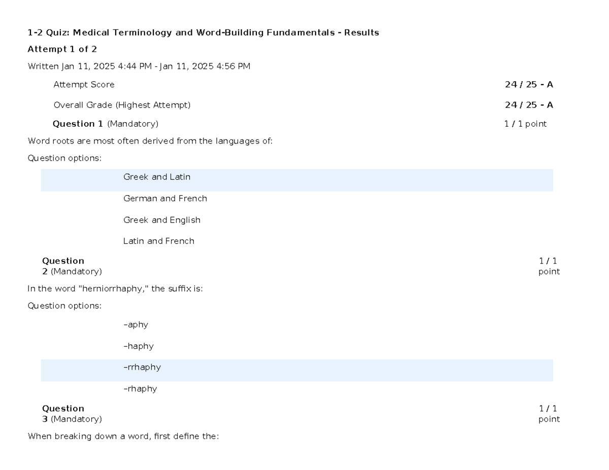 Quiz: Medical Terminology & Word-Building (Module 1) Results - Studocu