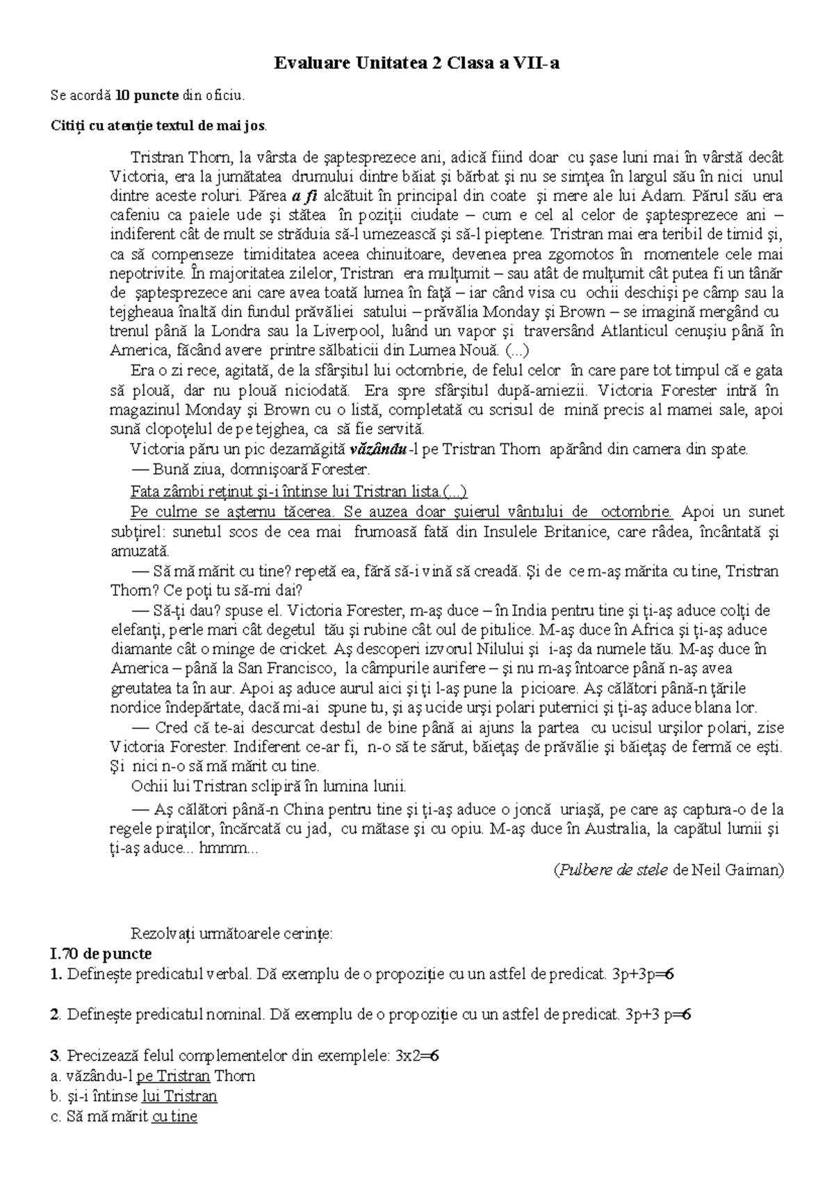 Evaluare Unitatea 2 CL VII - Predicatul verbal și nominal - Studocu