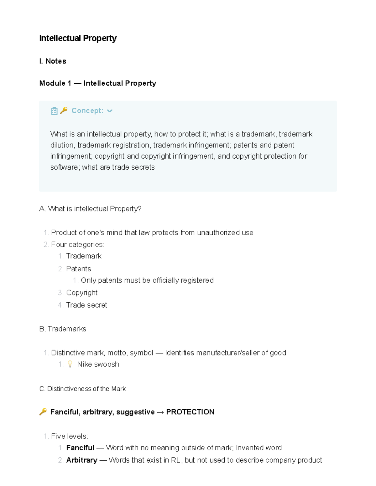 Intellectual Property I: Module 1 Notes on Concepts & Protections - Studocu