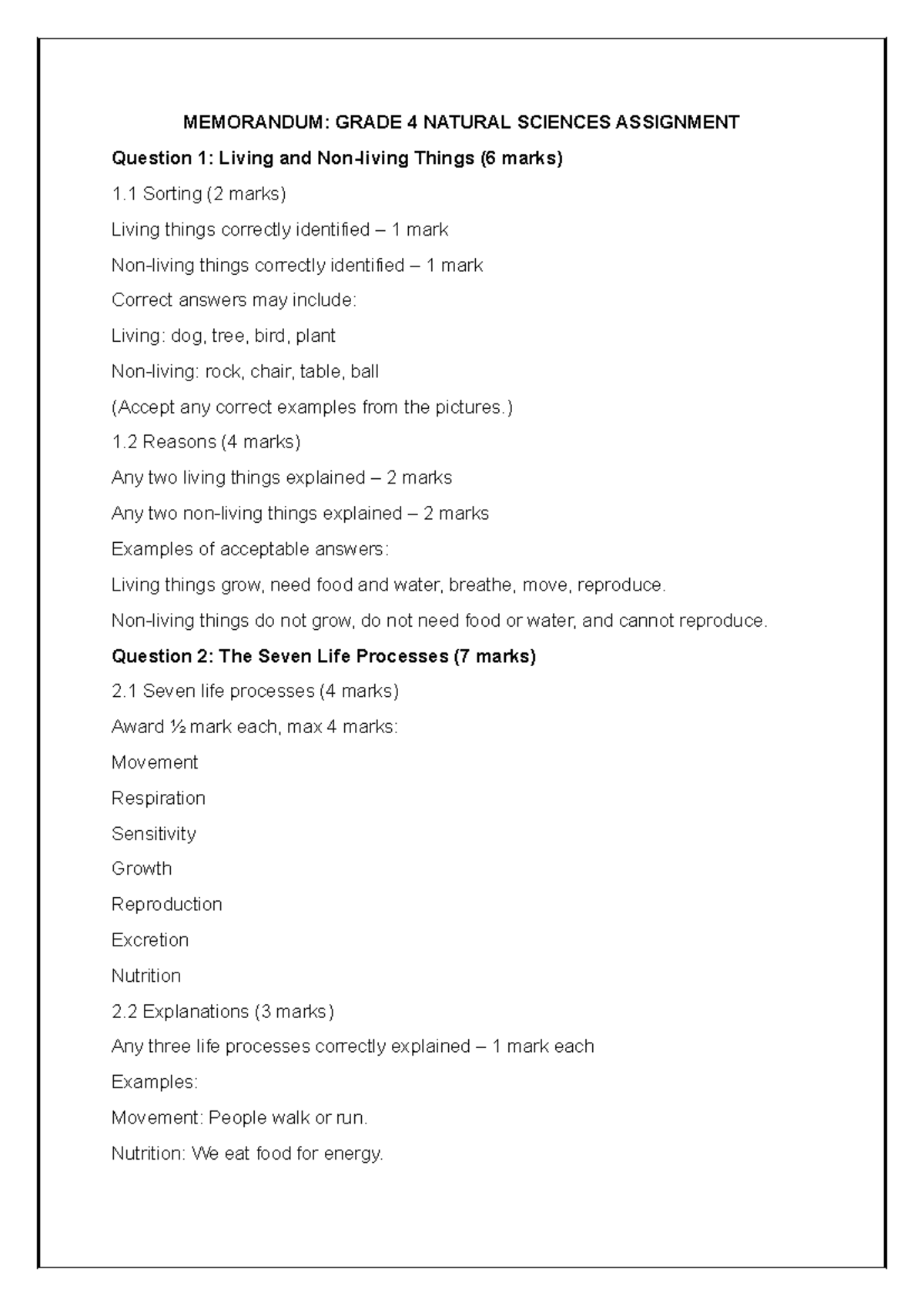 Grade 4 Natural Science Assignment Memo: Living Things & Life Processes ...