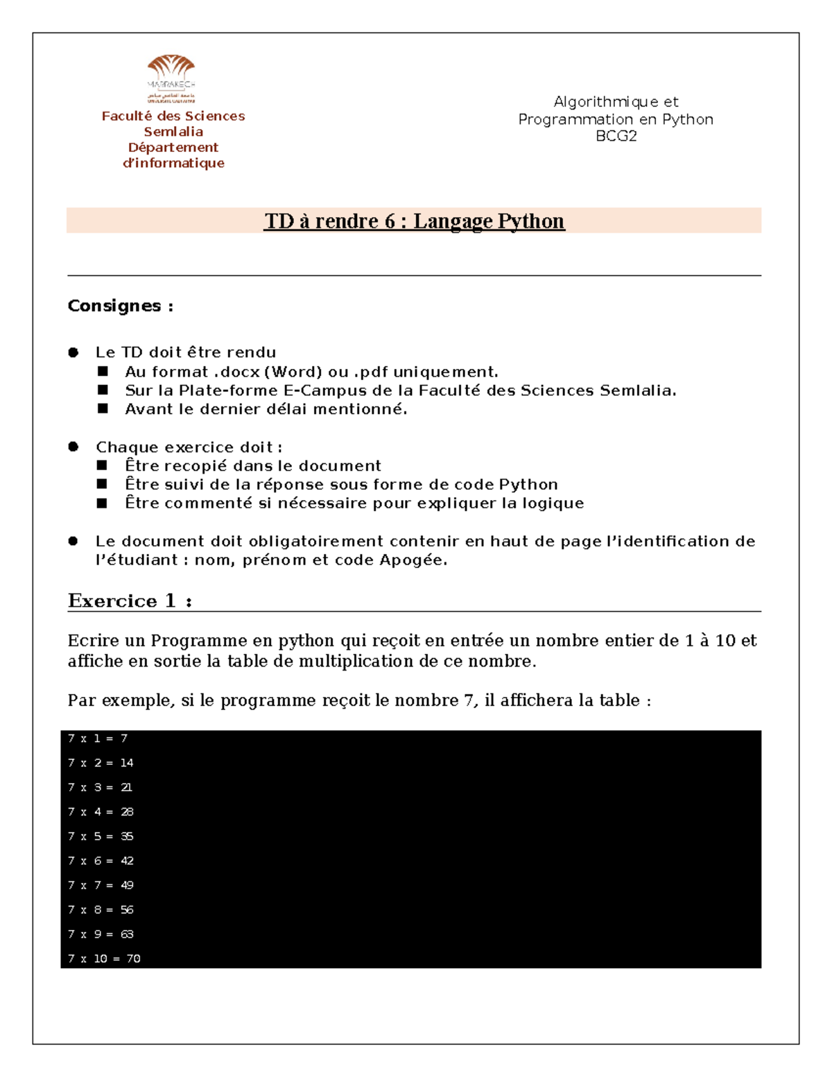 BCG2 TD 6 : Exemples de Programmes en Python pour Algorithmique et Programmation - Studocu