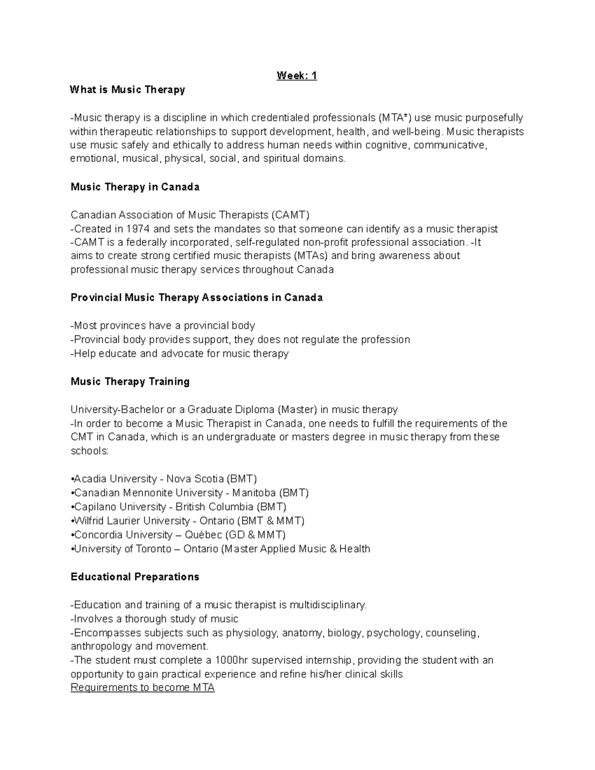 Music Therapy Lecture Notes - Music 2MT3 (Weeks 1-2) - Studocu
