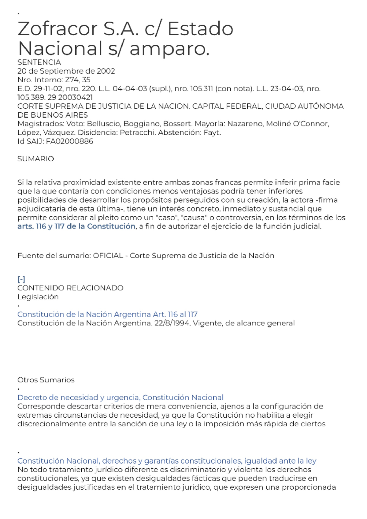 Zofracor S.A. vs Estado Nacional: Amparo Case Analysis - Studocu