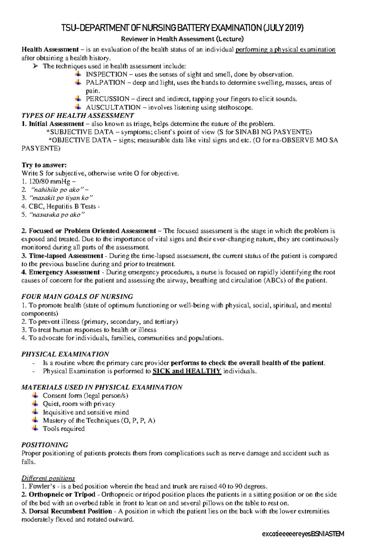 Health Assessment Battery Exam Review (NURSING 2019) - Studocu