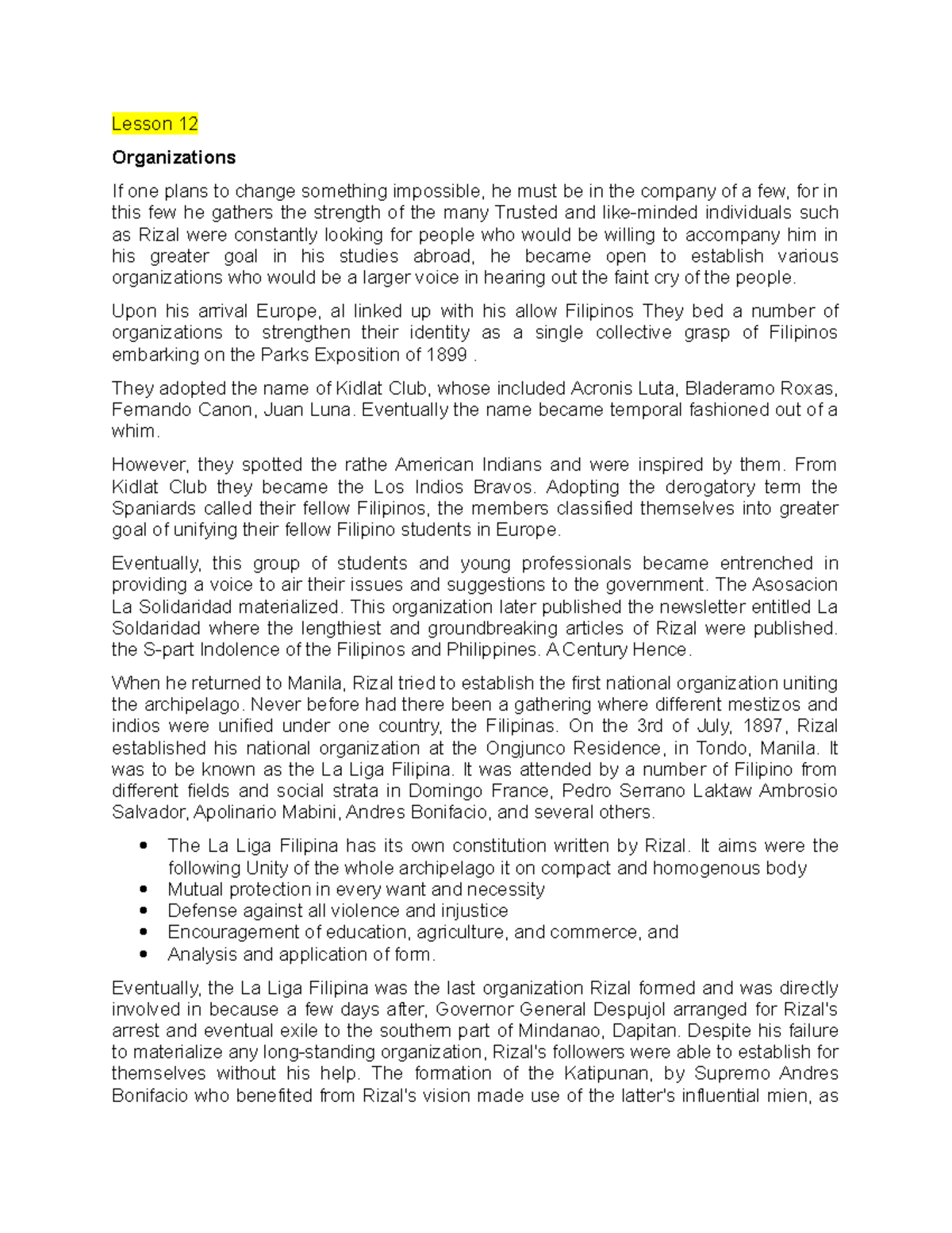 Rizal - Lesson 12: Formation of Organizations for Unity - Studocu
